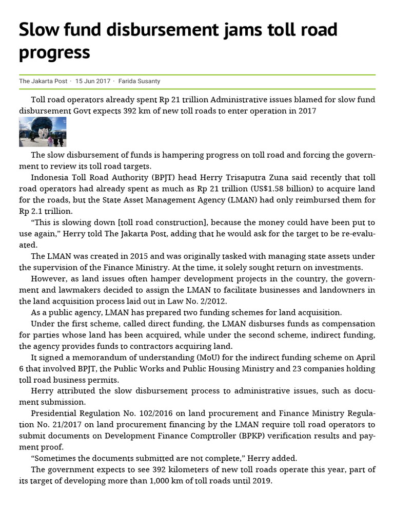 Slow Fund Disbursement Jams Toll Road Progress | PDF | Finance & Money ...