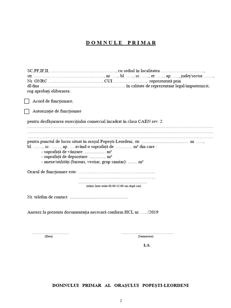 Cerere Eliberare Acord Autorizatie Functionare | PDF