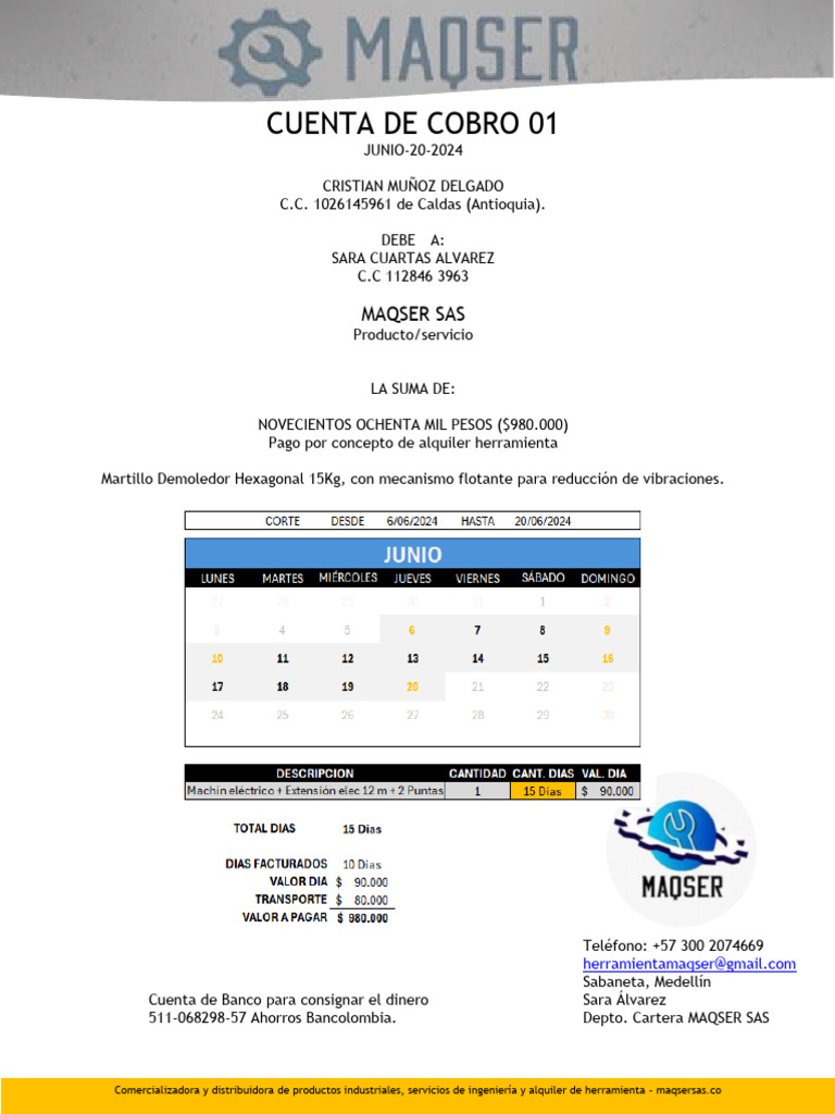 Cuenta de Cobro Maqser Sas | PDF