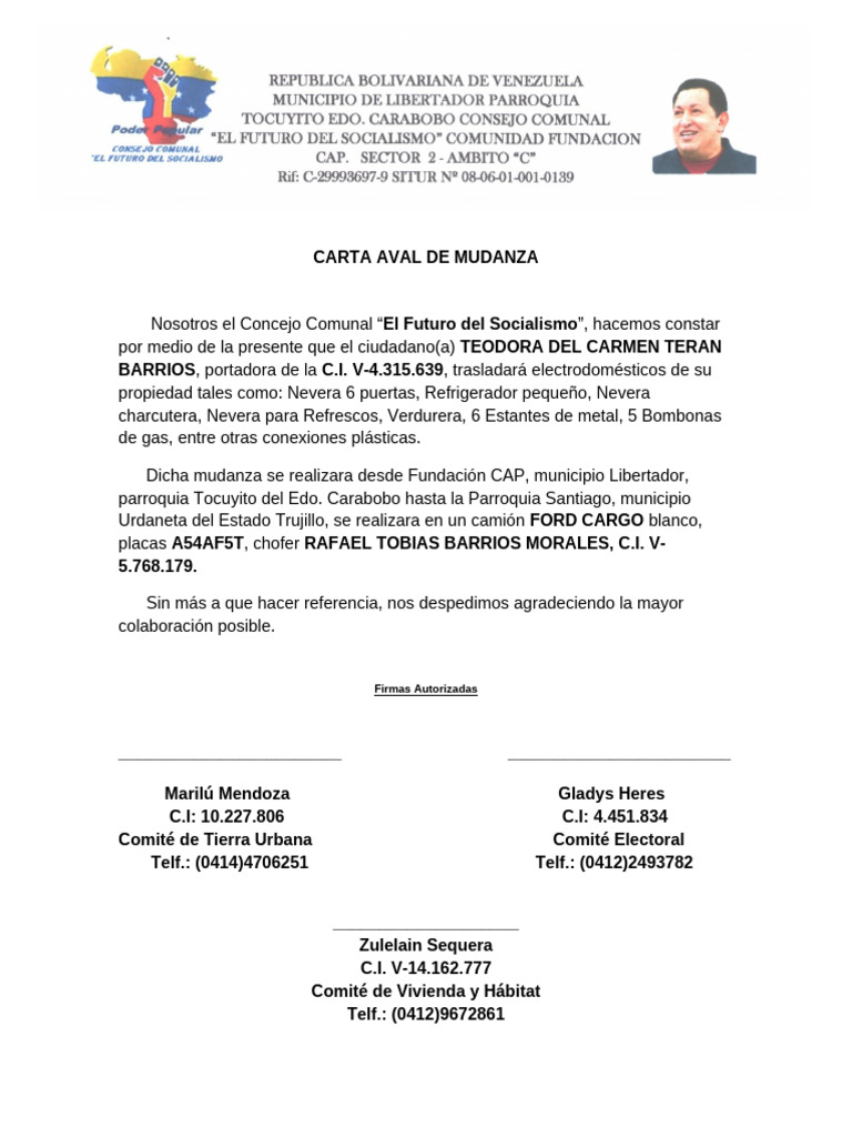 Carta Aval de Mudanza | PDF