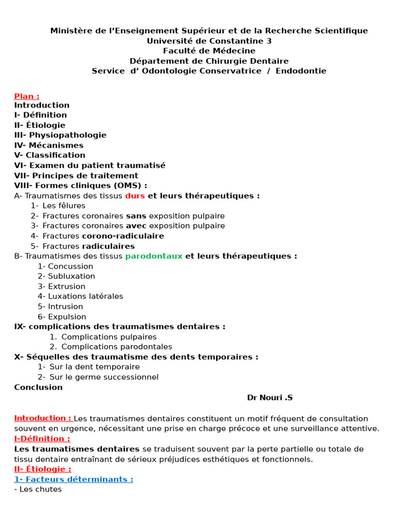 Traumatismes Dentaires Et Leurs Thérapeutiques - Azzaz 2 Copie | PDF