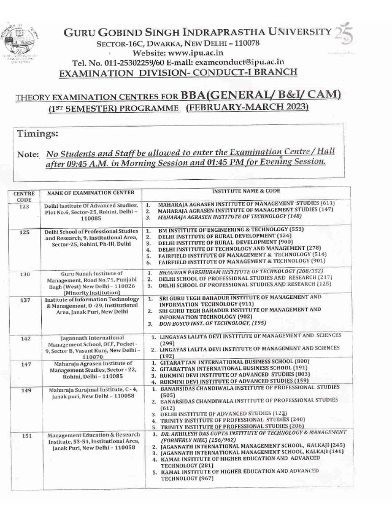 BBA (G) 1st Semester Examination Centre | PDF