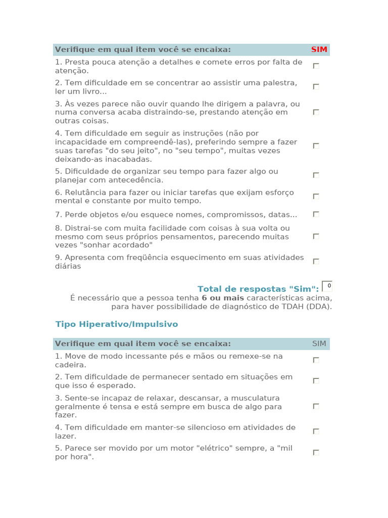Teste Basico TDAH | PDF