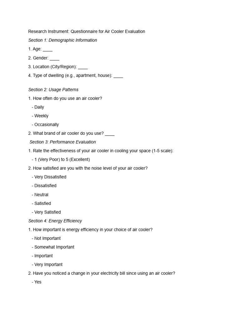 Research Instrument - Questionnaire For Air Cooler Evaluation | PDF