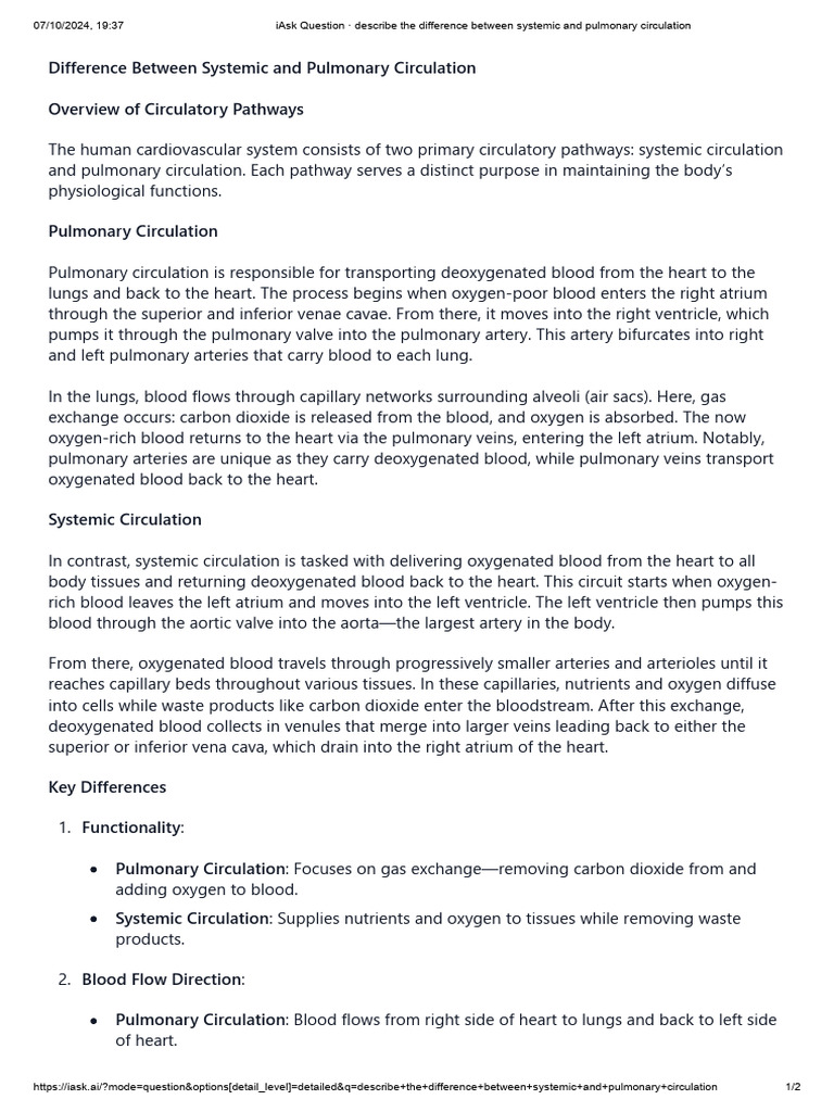 Iask Question Describe The Difference Between Systemic and Pulmonary Circulation | PDF