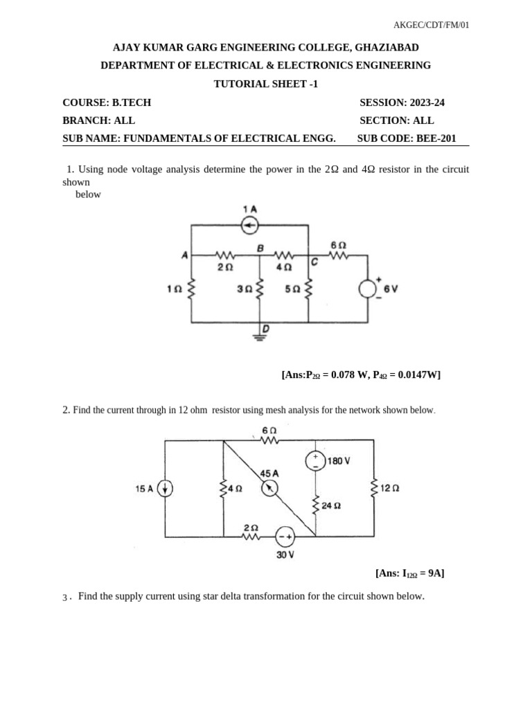 Tutorial sheet 1 BEE-101 (2) | PDF