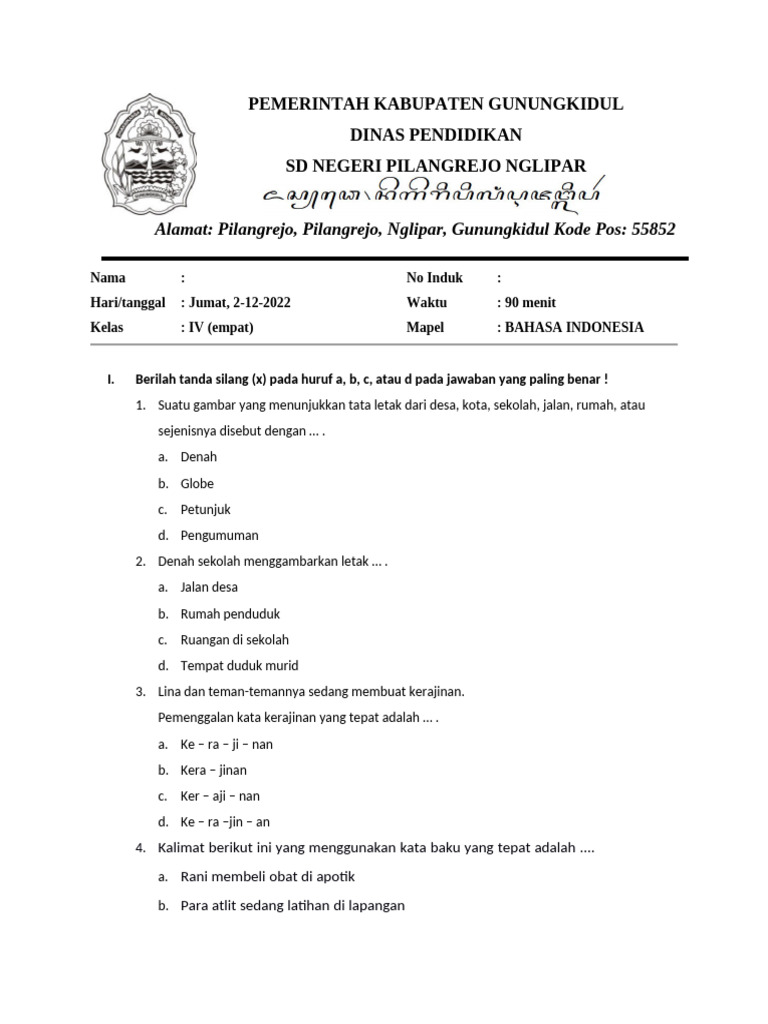 Soal Uas B Indo Kelas 4 Sem 1 | PDF