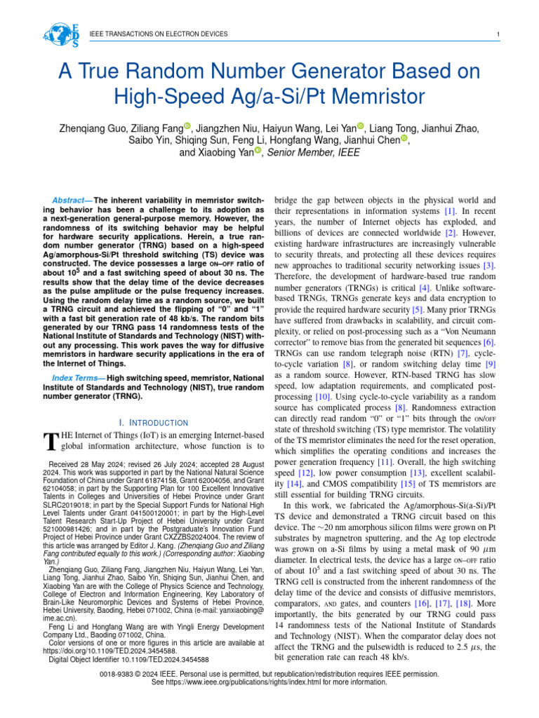 A True Random Number Generator Based On High-Speed Ag A-Si PT Memristor ...