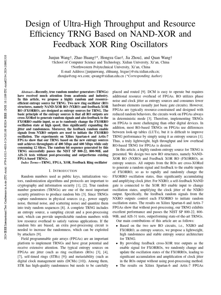 Design of Ultra-High Throughput and Resource Efficiency TRNG Based On NAND-XOR and Feedback XOR ...