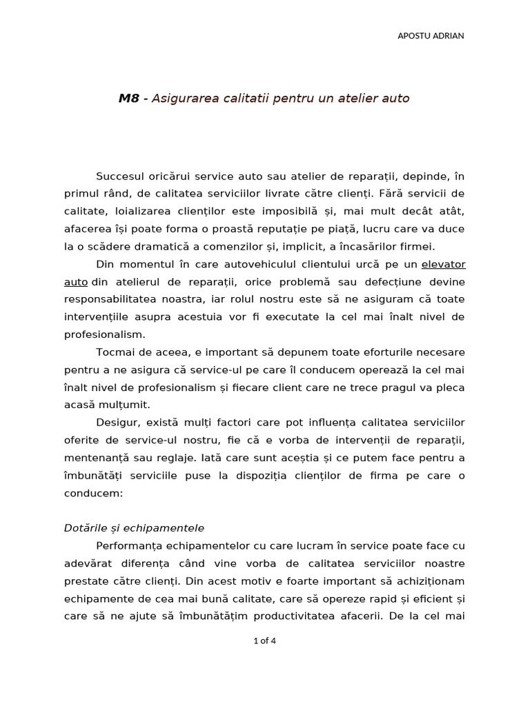 M8 - Asigurarea Calitatii Pentru Un Atelier Auto | PDF
