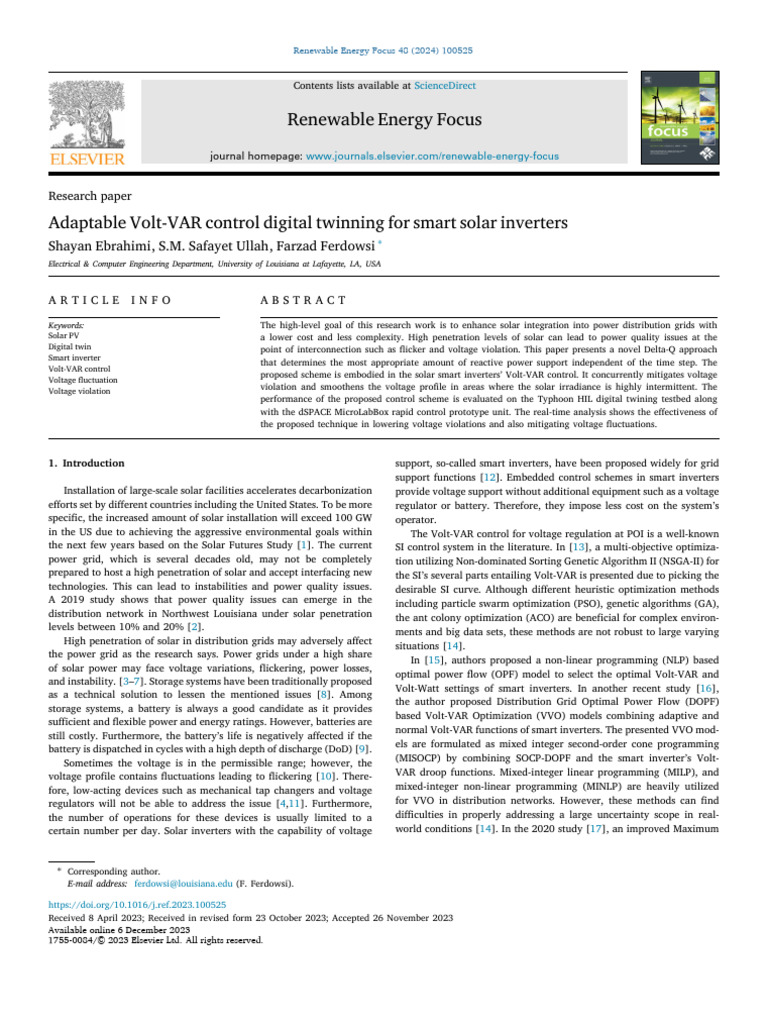 Adaptable Volt-VAR Control Digital Twinning For Smart Solar Inverters | PDF