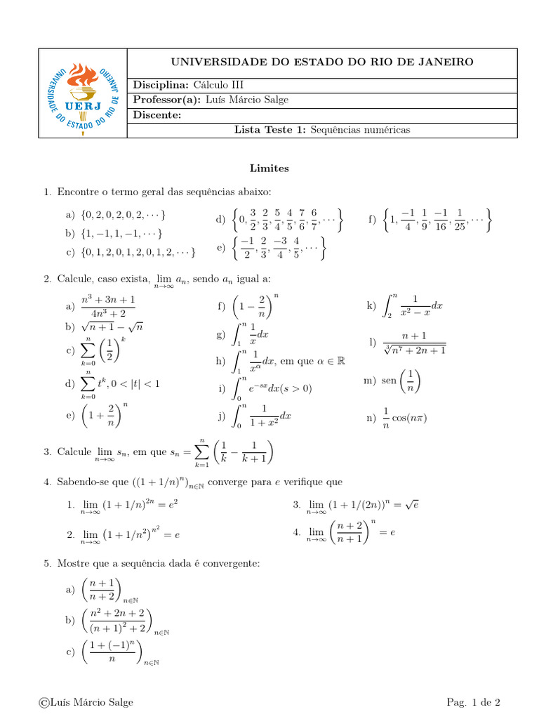 Lista 1 - Sequencias | PDF