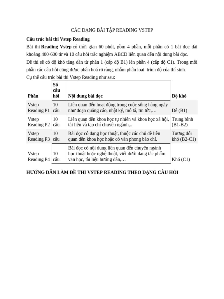 Bản Sao Của CÁC DẠNG BÀI TẬP READING VSTEP | PDF