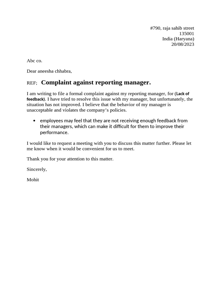 Complaint of Reporting Manager To HR | PDF