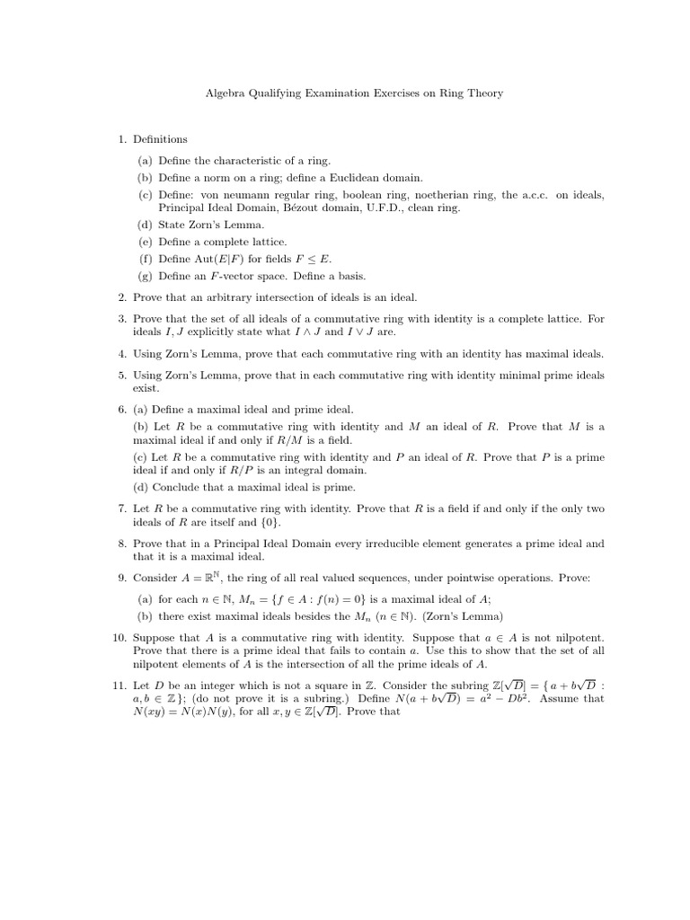 Algebra Qualifying Examination Exercises On Ring Theory | PDF