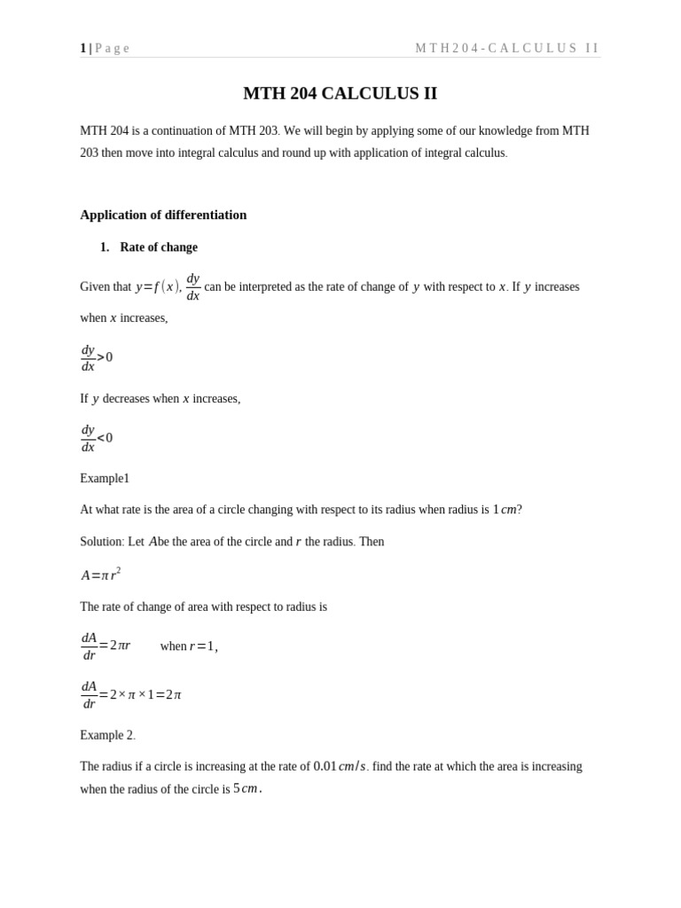 MTH 204 Calculus II Complete | PDF
