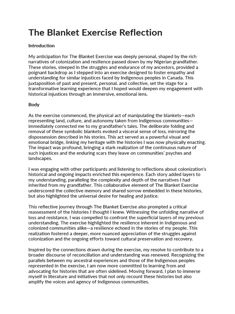 The Blanket Exercise Reflection | PDF | Narrative | Social Science