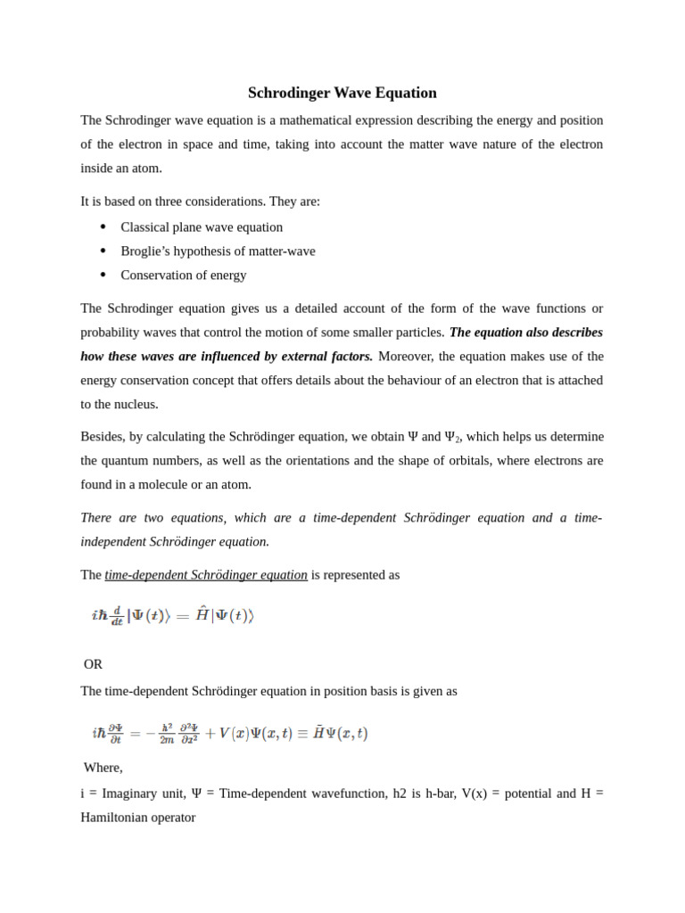 Schrodinger Wave Equation | PDF