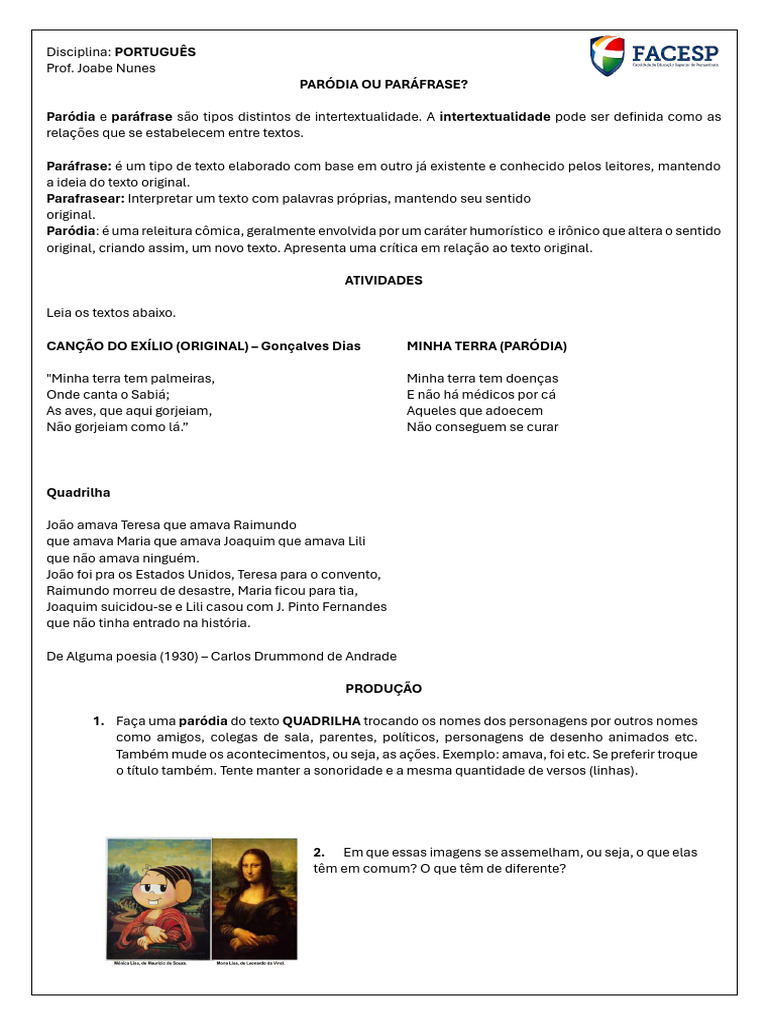 Paródia Ou Paráfrase Atividade | PDF