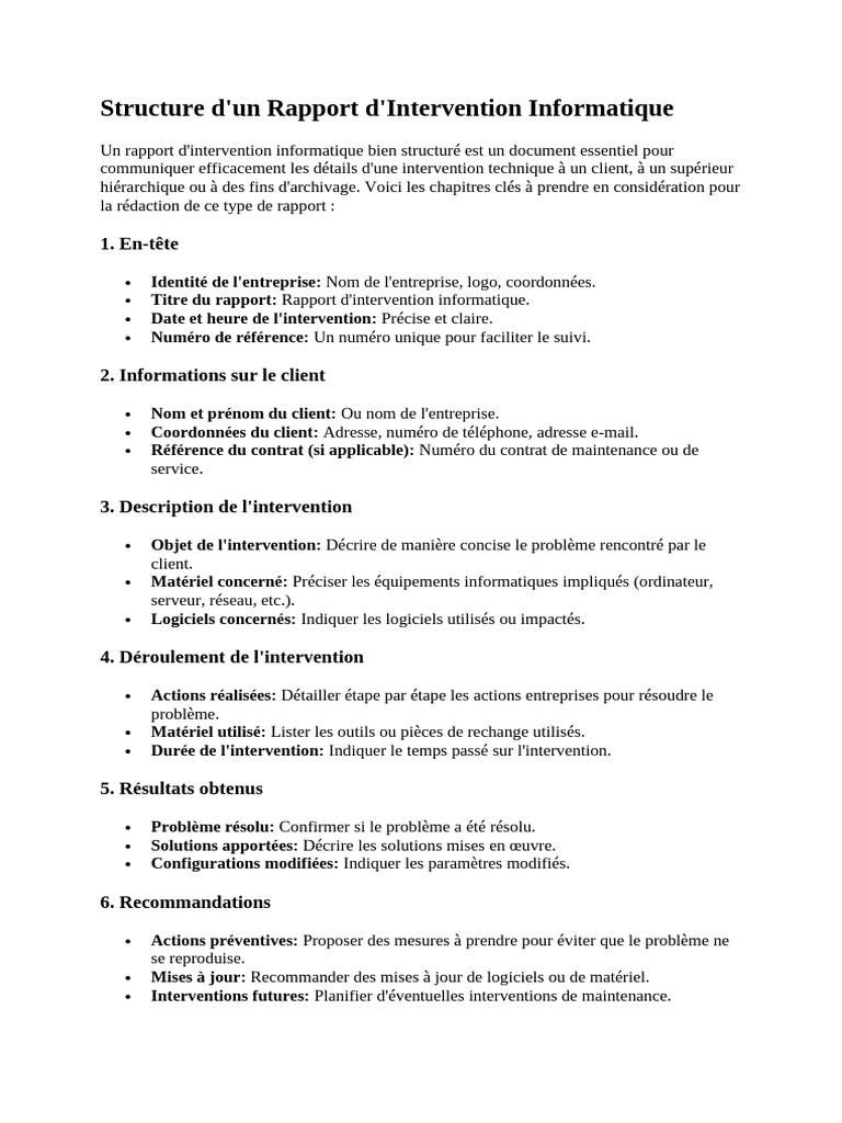 Structure d'un Rapport d'intervention Informatique | PDF