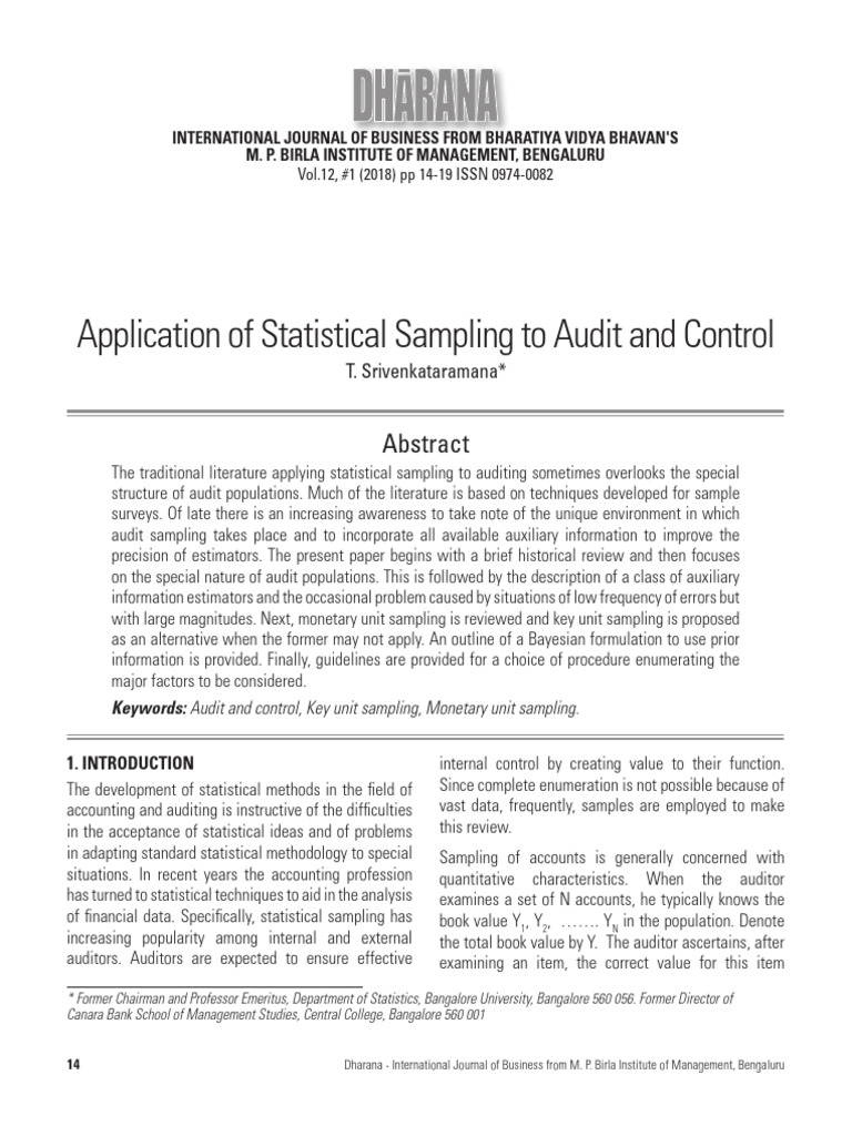 Application of Statistical Sampling To Audit and Control | PDF