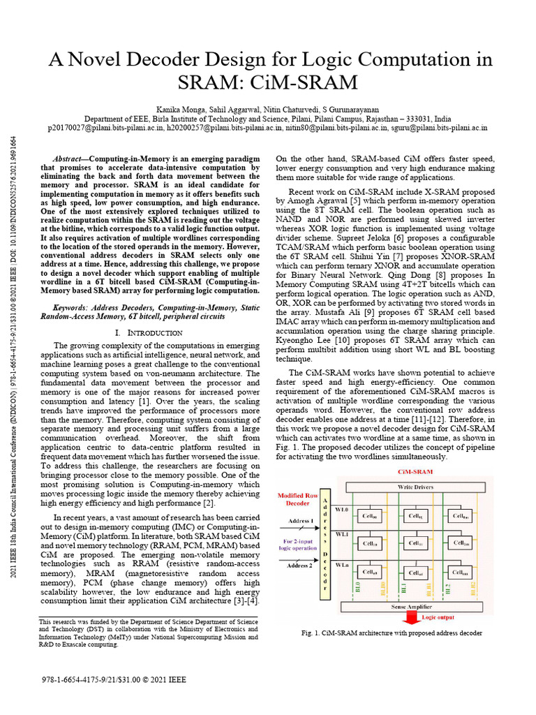 A Novel Decoder Design For Logic Computation in SRAM CiM-SRAM | PDF