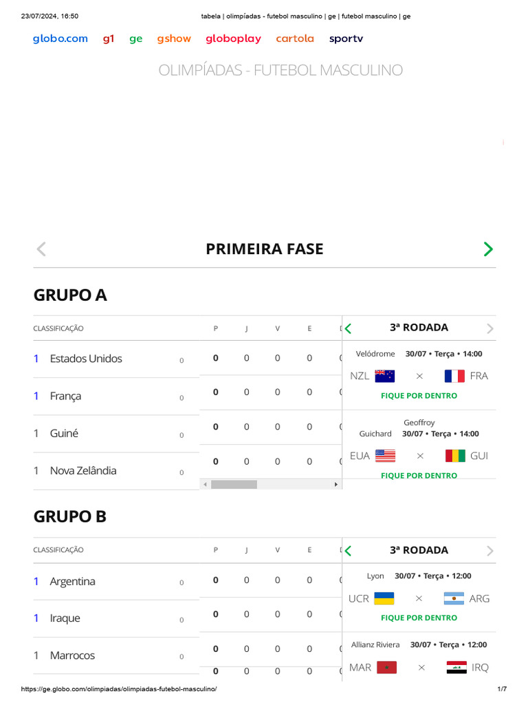 Tabela - Olimpíadas - Futebol Masculino - Ge - Futebol Masculino - Ge3 | PDF