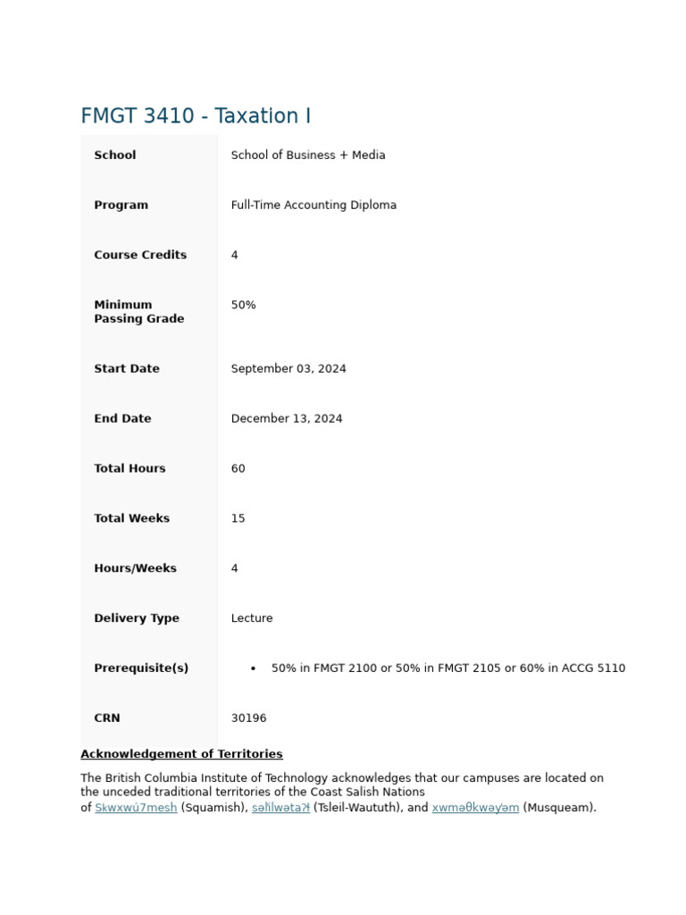 FMGT 3410 Fall 2024 Course Outline | PDF