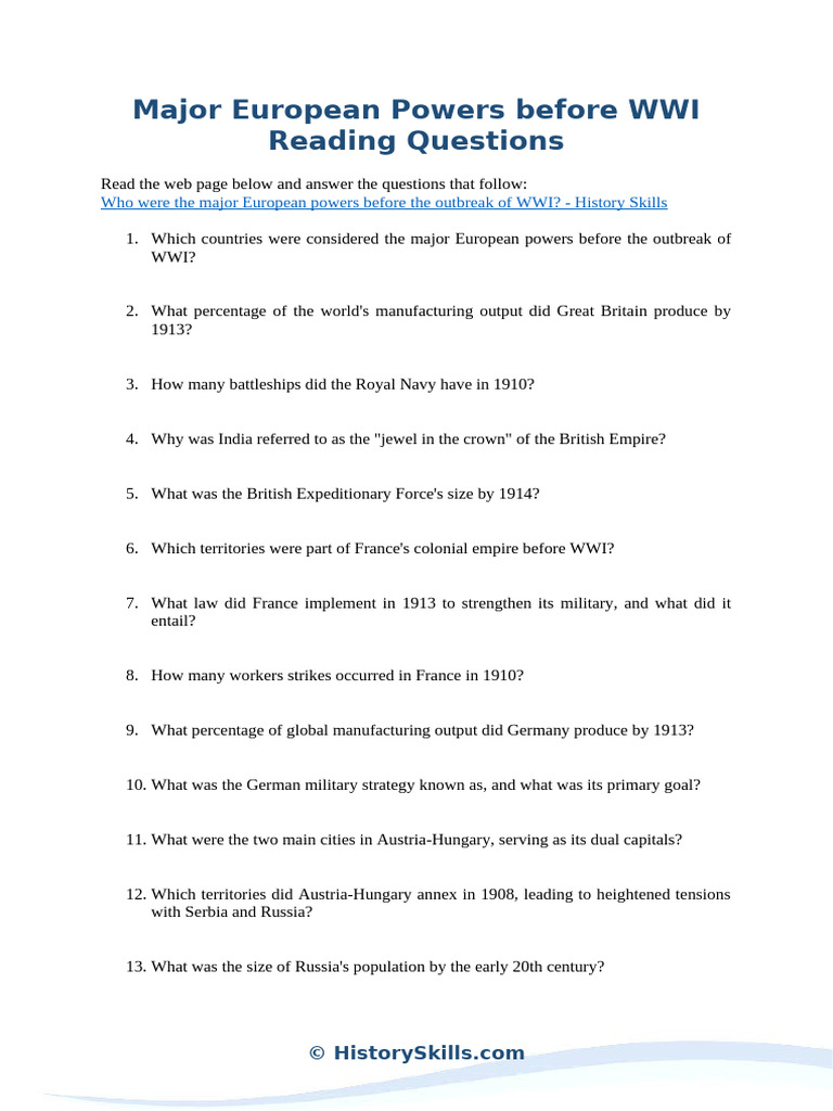 Europe Before WWI Reading Questions | PDF