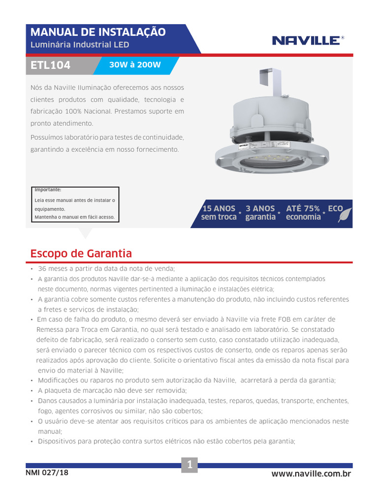Manual Luminaria Industrial Led SMD Etl104 Rev 00-1 | PDF