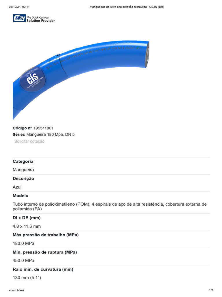 Mangueiras de Ultra Alta Pressão Hidráulica - CEJN (BR) | PDF