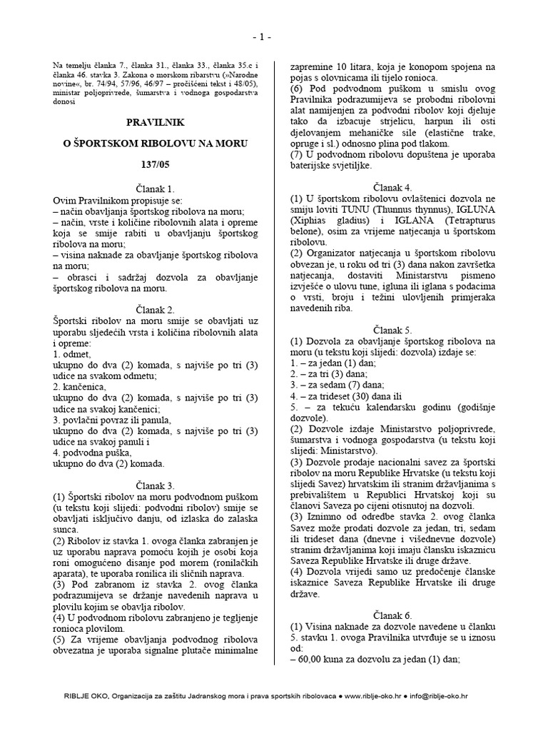 Pravilnik o sportskom ribolovu na moru | PDF