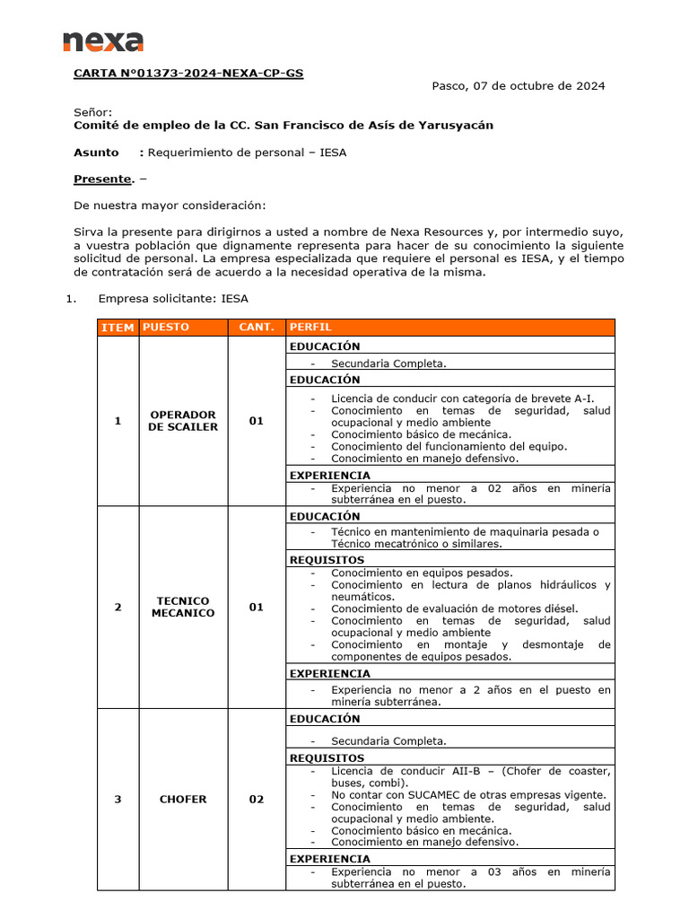 Requerimiento de Personal Minero 2024 | PDF | Minería