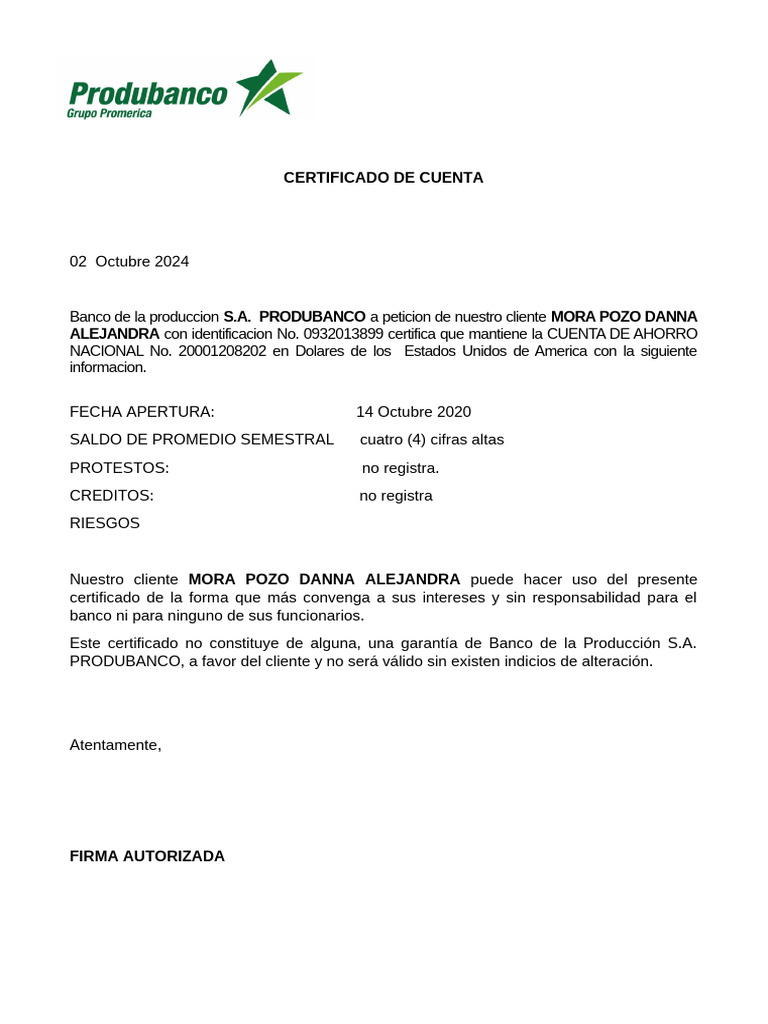 CERTIFICADO DE CUENTA | PDF