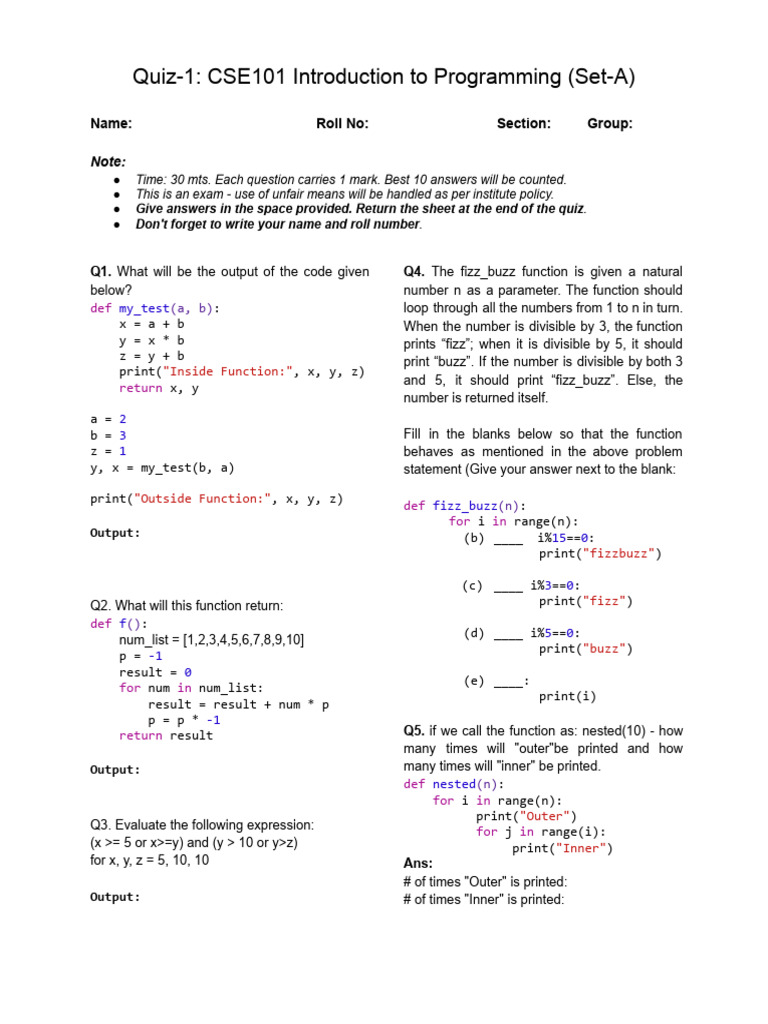 Quiz1-Set A | PDF