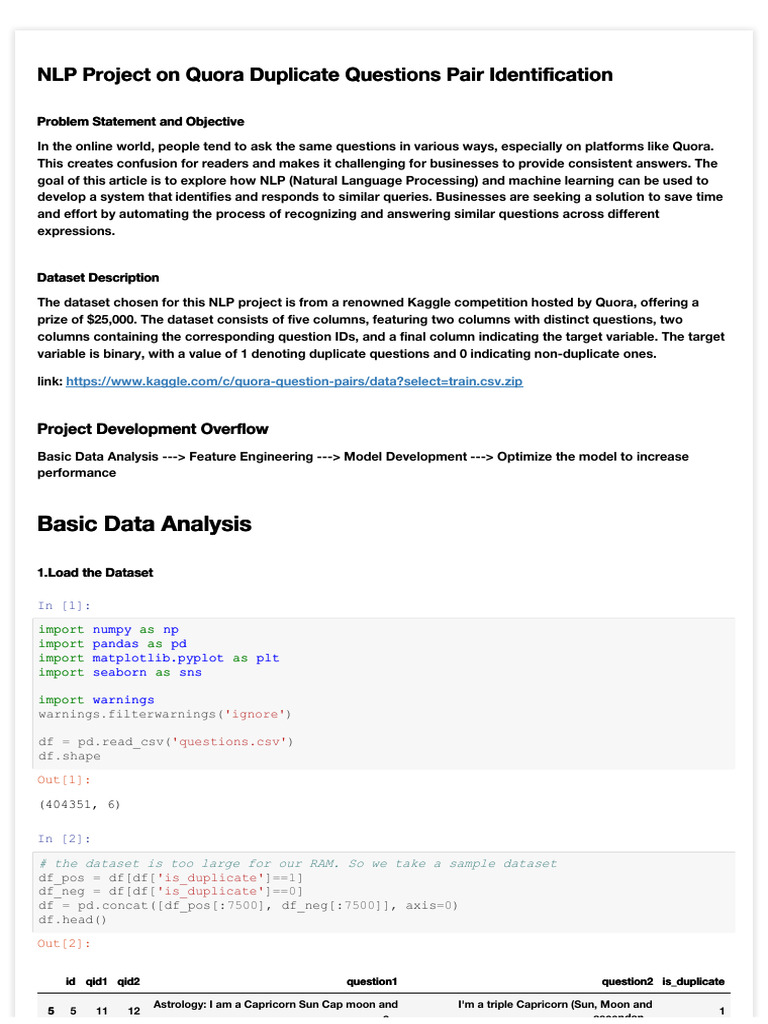 Quora Duplicate Ques Detection | PDF | Data Analysis | Cognitive Science