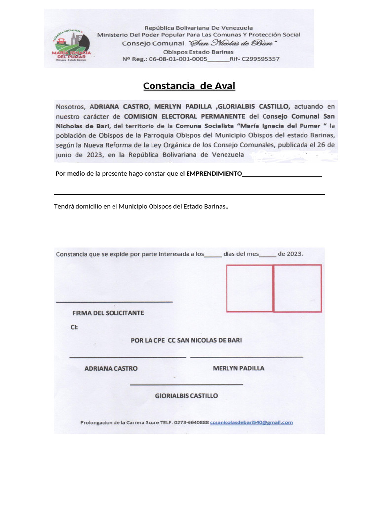 Constancia de Aval SAN NICOLAS DE BARI | PDF