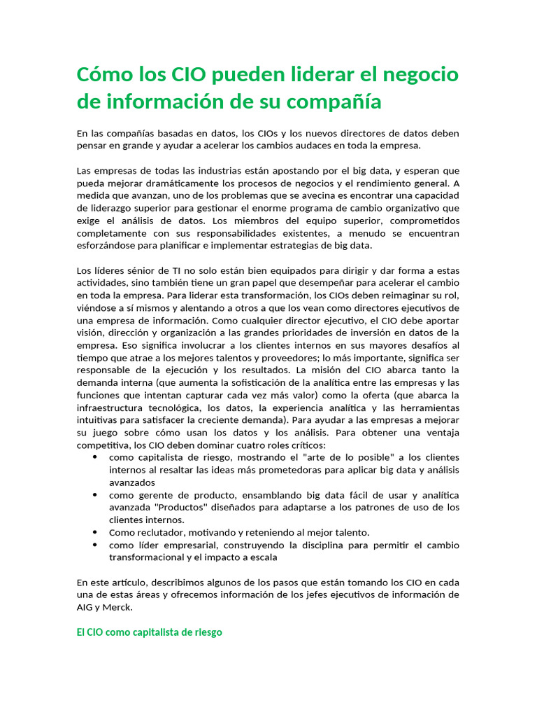 1.2.cómo Los CIO Pueden Liderar El Negocio de Información de Su Compañía | PDF