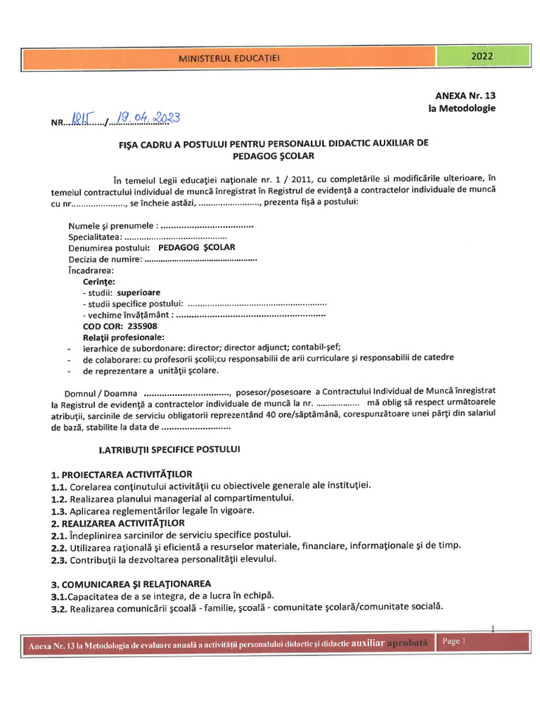 Fisa Postului Pedagog | PDF