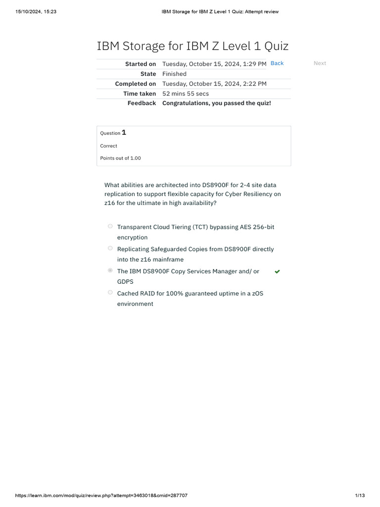 IBM Storage For IBM Z Level 1 Quiz - Attempt Review | PDF