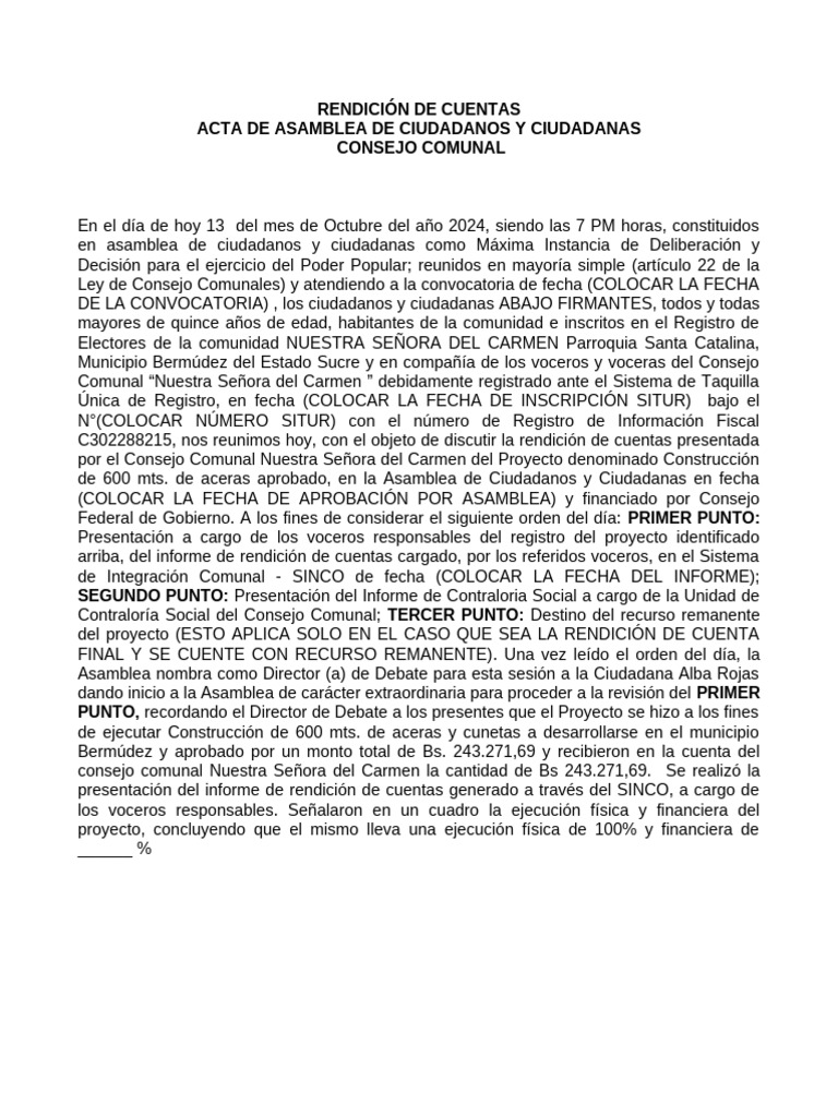 Modelo Actab Asamblea Rendicion Consejo Comunal | PDF | Responsabilidad | Gobierno