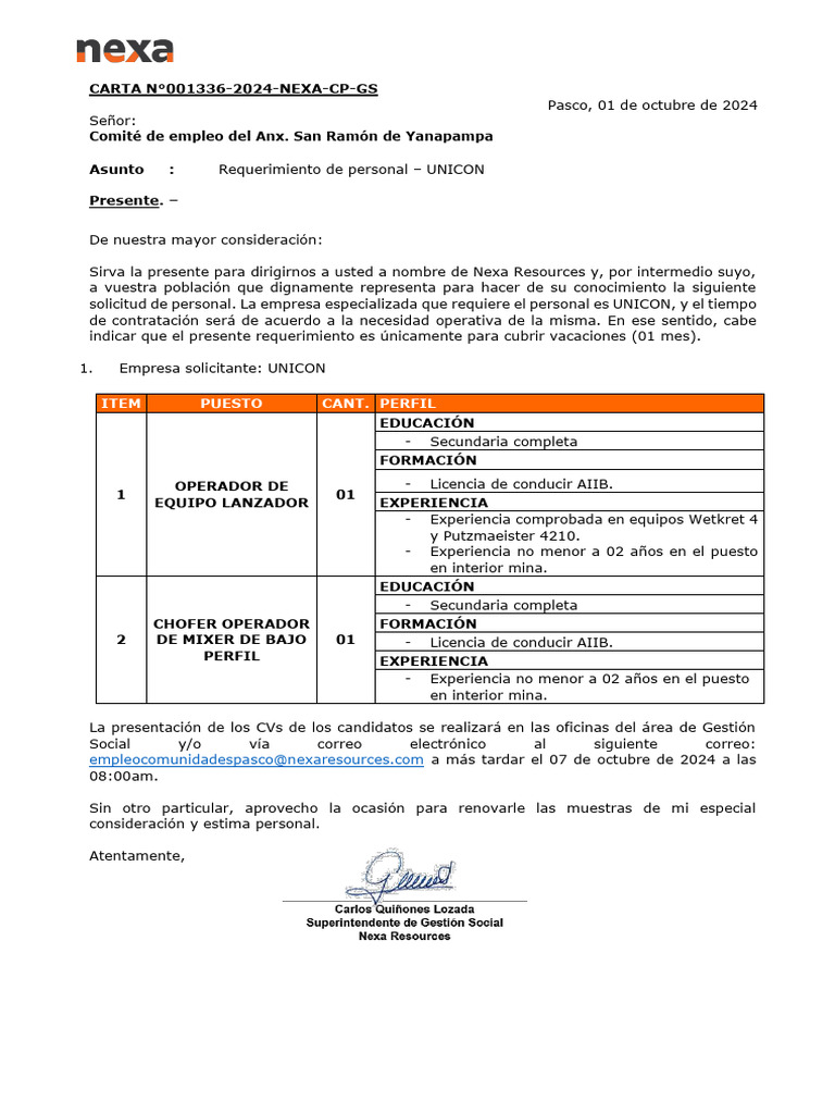 Carta N°01336-2024-Nexa-Cp-Gs Unicon | PDF