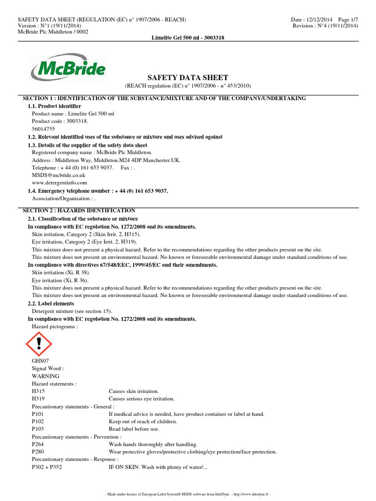 Limelite-Gel-500-ml - EN COSSH Sheet 25.02.15 | PDF