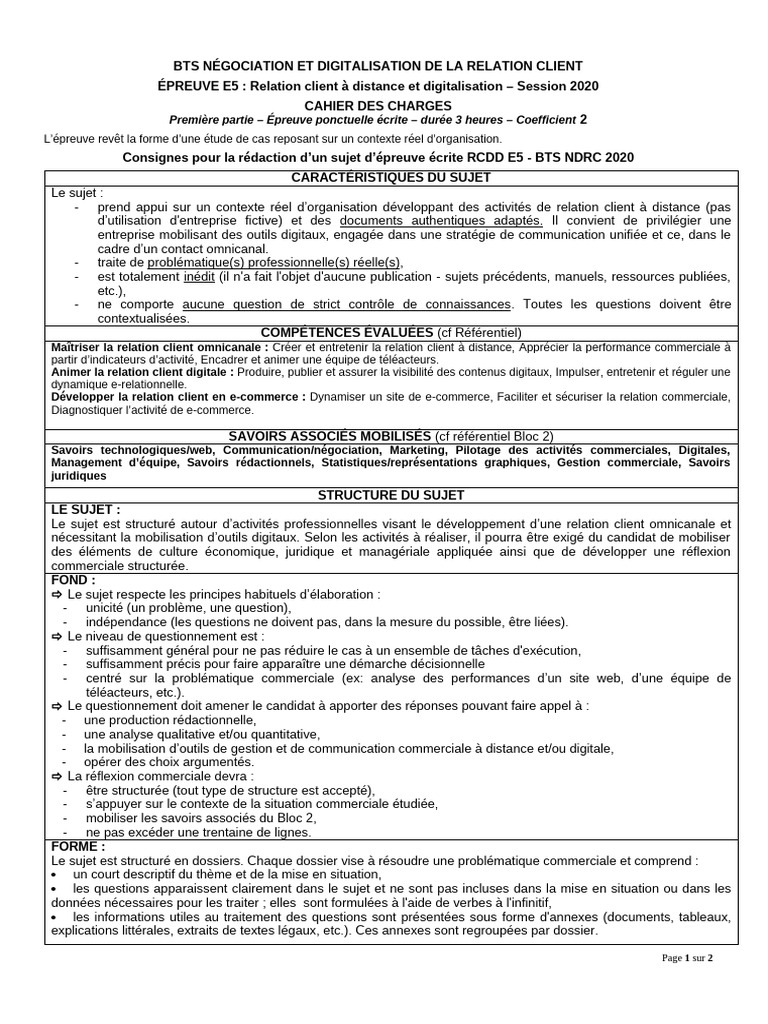 BTS - NDRC - Cahier - Des - Charges - NDRC2020 Sujet Version 8 Mars | PDF