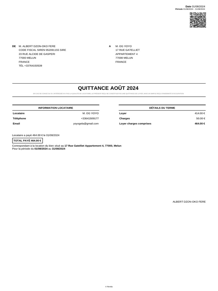 Quittance Gatelliet 1 OG YOYO 1 Aout 2024 | PDF