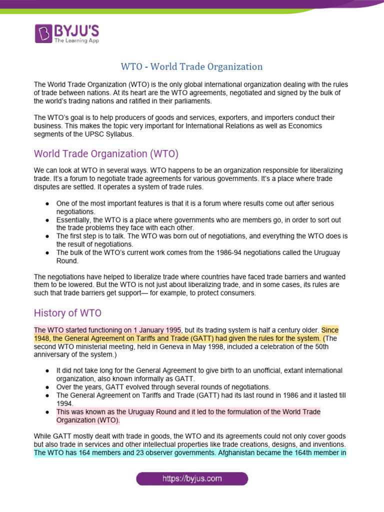 WTO World Trade Organization | PDF