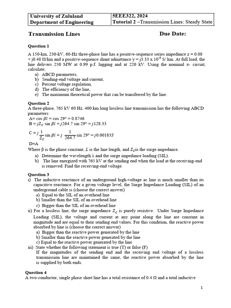 02 - Tutorial 2 - Transmission Lines-Steady State Operation - 5eee322 2024 | PDF