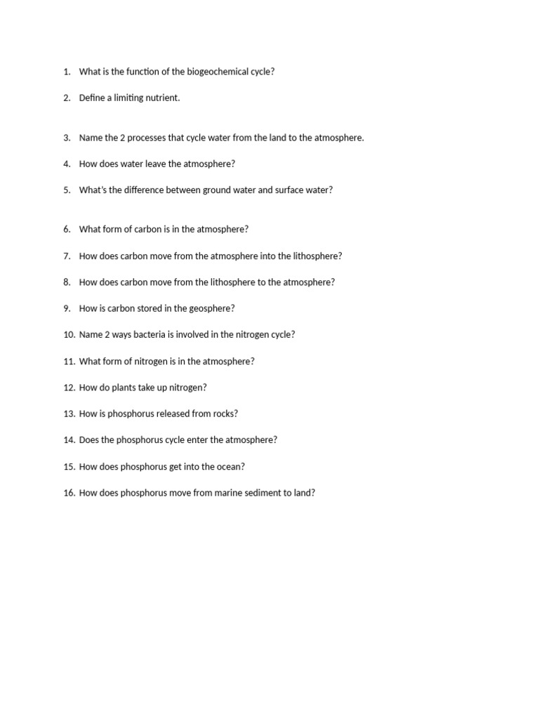 20 Questions On Biogeochemical Cycles | PDF