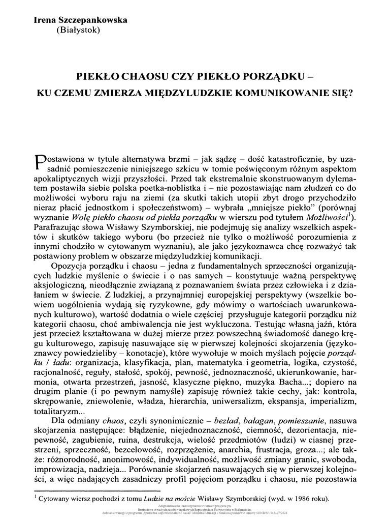 I Szczepankowska Pieklo Chaosu Czy Pieklo Porzadku | PDF