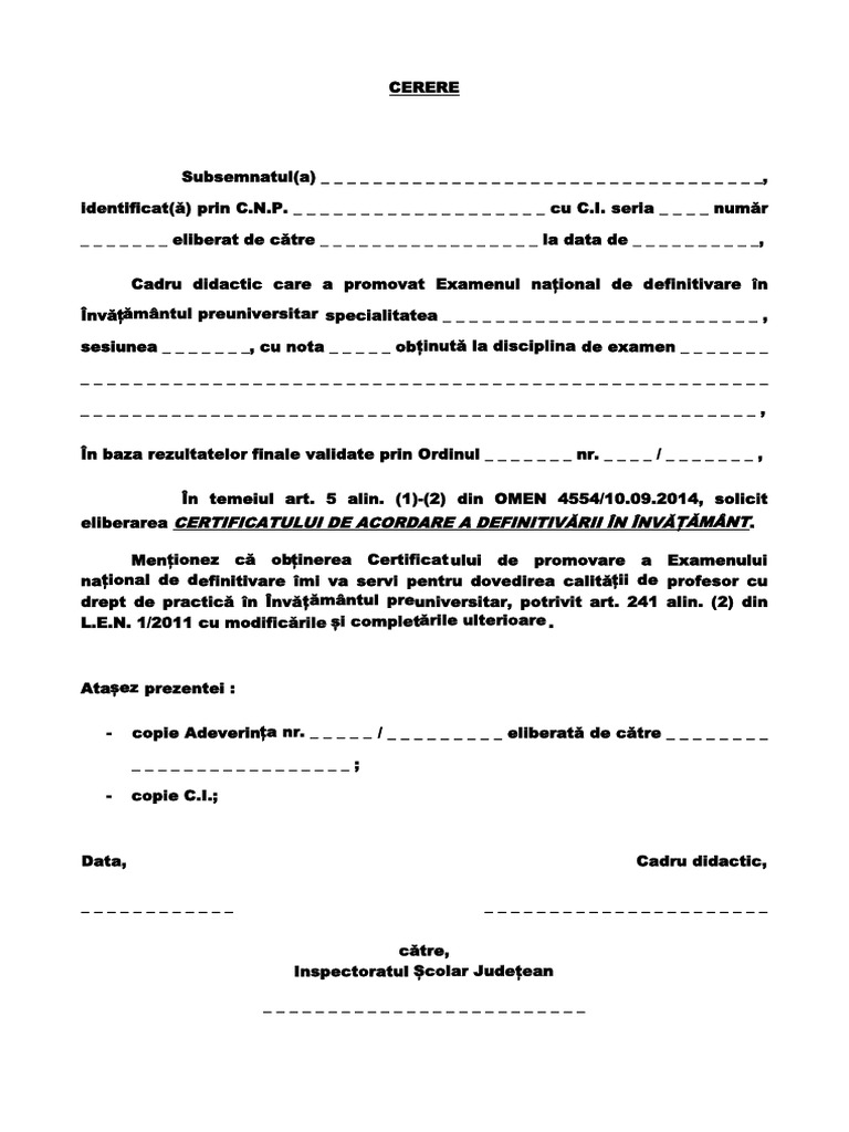 Cerere Certificat DEFINITIVAT | PDF